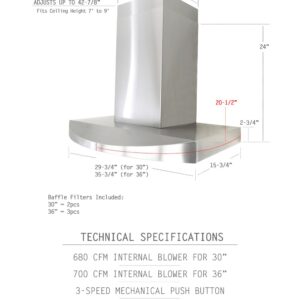 KOBE RA3836SQB-WM-5 Deluxe 36" Wall Mount Range Hood, 3-Speed, 700 CFM, LED Lights, Baffle Filters, Stainless steel