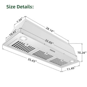 JOEAONZ Range Hood Insert 36 Inch 600CFM Stainless Steel Household Built-in Vent Hood Ducted/Ductless Convertible, Kitchen Ventilation Stove Exhaust Fan, Dual LED lights, Split Grease Baffle Filters