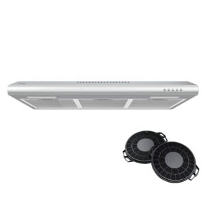 30 inch under cabinet range hood with filters, slim vent hood with 3 speed exhaust fan in stainless steel ducted and ductless convertible, ciarra cas75918b-006