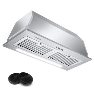 amzchef range hood insert 30 inch stainless steel range hood 900 cfm with 3-speed fan, etl listed, 3w distinctive led light strip,kitchen vent hood with button control, baffle filters,charcoal filters