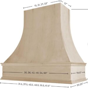 Riley & Higgs Curved Front Unfinished Range Hood Cover With Decorative Molding - Wall Mounted Wood Range Hood Covers, Plywood and Maple (Unfinished, 37.5 W X 36 H inches)