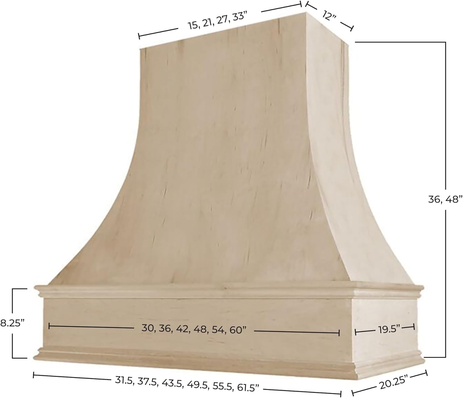 Riley & Higgs Curved Front Unfinished Range Hood Cover With Decorative Molding - Wall Mounted Wood Range Hood Covers, Plywood and Maple (Unfinished, 37.5 W X 36 H inches)