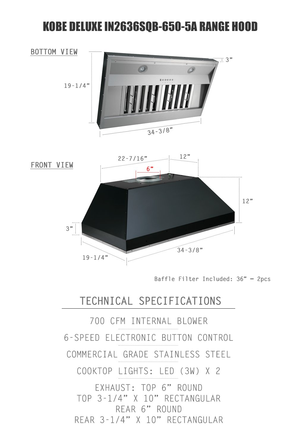 KOBE Range Hoods IN2636SQB-650-5A Insert Range Hood, 36-Inch, Stainless Steel