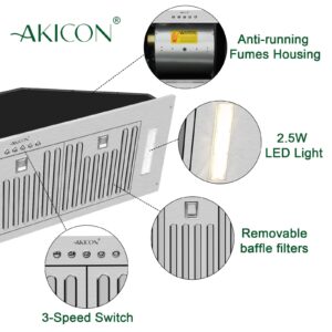 Range Hood Insert/Built-in 30 inch, Ultra Quiet Powerful Vent Hood with LED Lights, 3 Speeds 600 CFM, Stainless Steel - Akicon