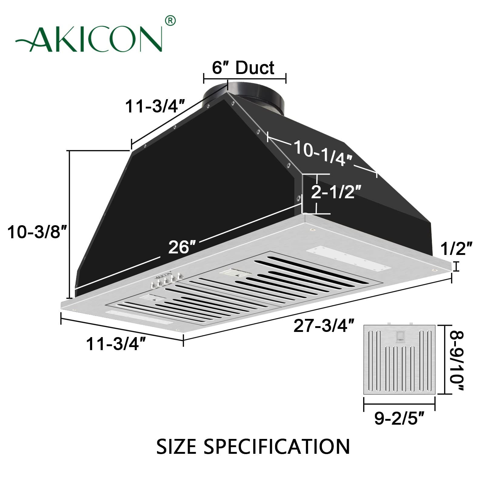 Range Hood Insert/Built-in 30 inch, Ultra Quiet Powerful Vent Hood with LED Lights, 3 Speeds 600 CFM, Stainless Steel - Akicon