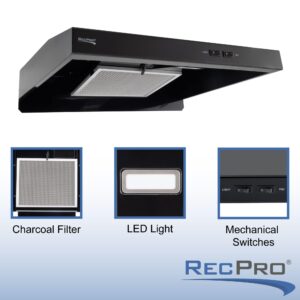 RecPro RV Stove Range Hood Vent with Light | 22" | Exhaust Fan | 12V (Black)