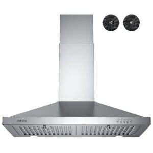 range hood 30 inch, iseasy wall mount vent hood 500 cfm with ducted convertible ductless kitchen hood in stainless steel, 3 speed exhaust fan, charcoal filters & vent hose included