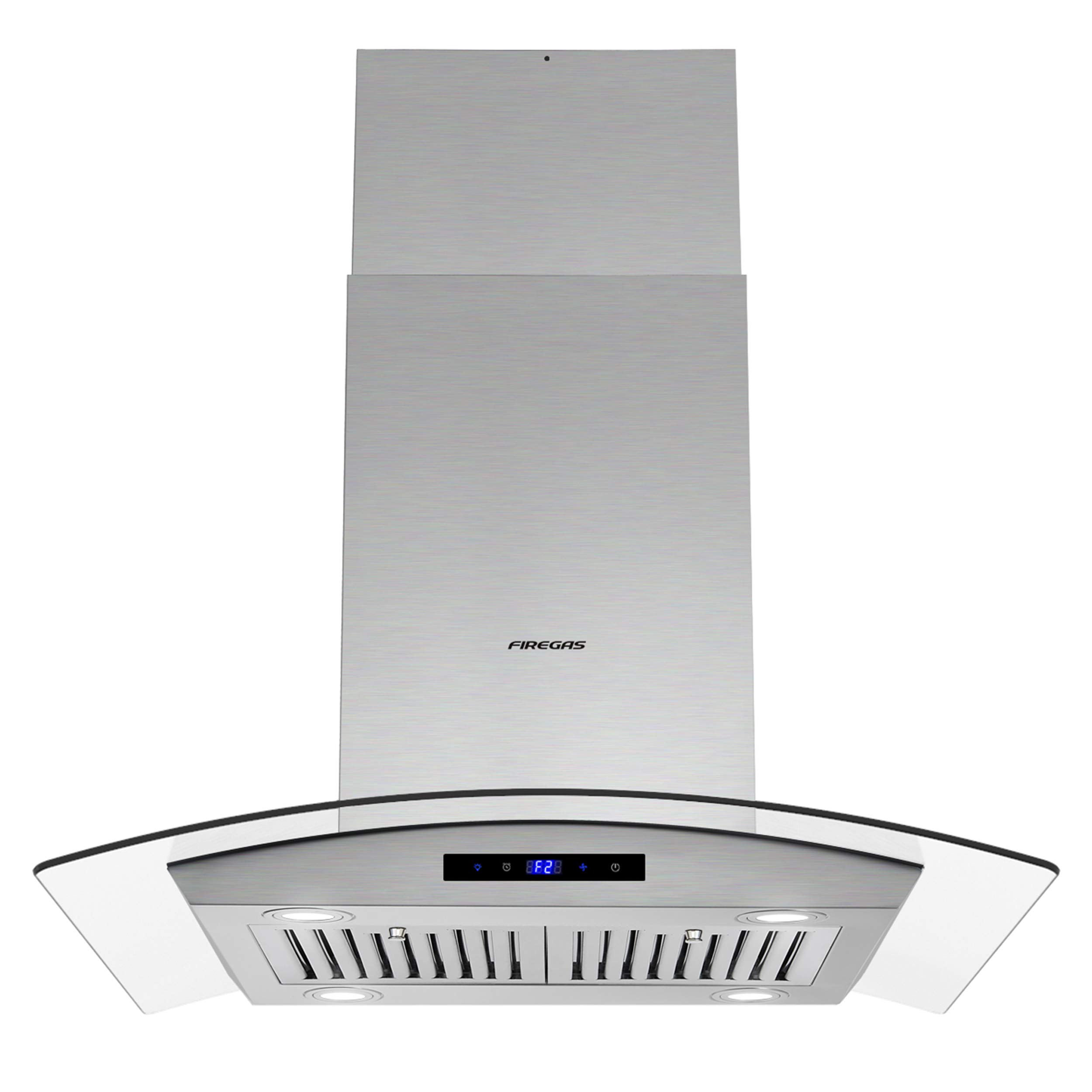 FIREGAS Island Range Hood 30 inch 450 CFM with Chimney, Ceiling Mount Kitchen Vent Hood with Tempered Glass, 4 LED Lights, Permanent Filters, Premium Touch Control Panel, Includes Charcoal Filter