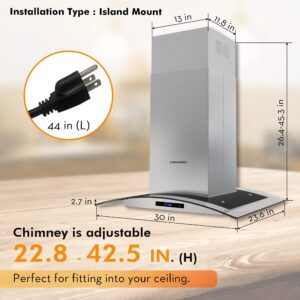 FIREGAS Island Range Hood 30 inch 450 CFM with Chimney, Ceiling Mount Kitchen Vent Hood with Tempered Glass, 4 LED Lights, Permanent Filters, Premium Touch Control Panel, Includes Charcoal Filter