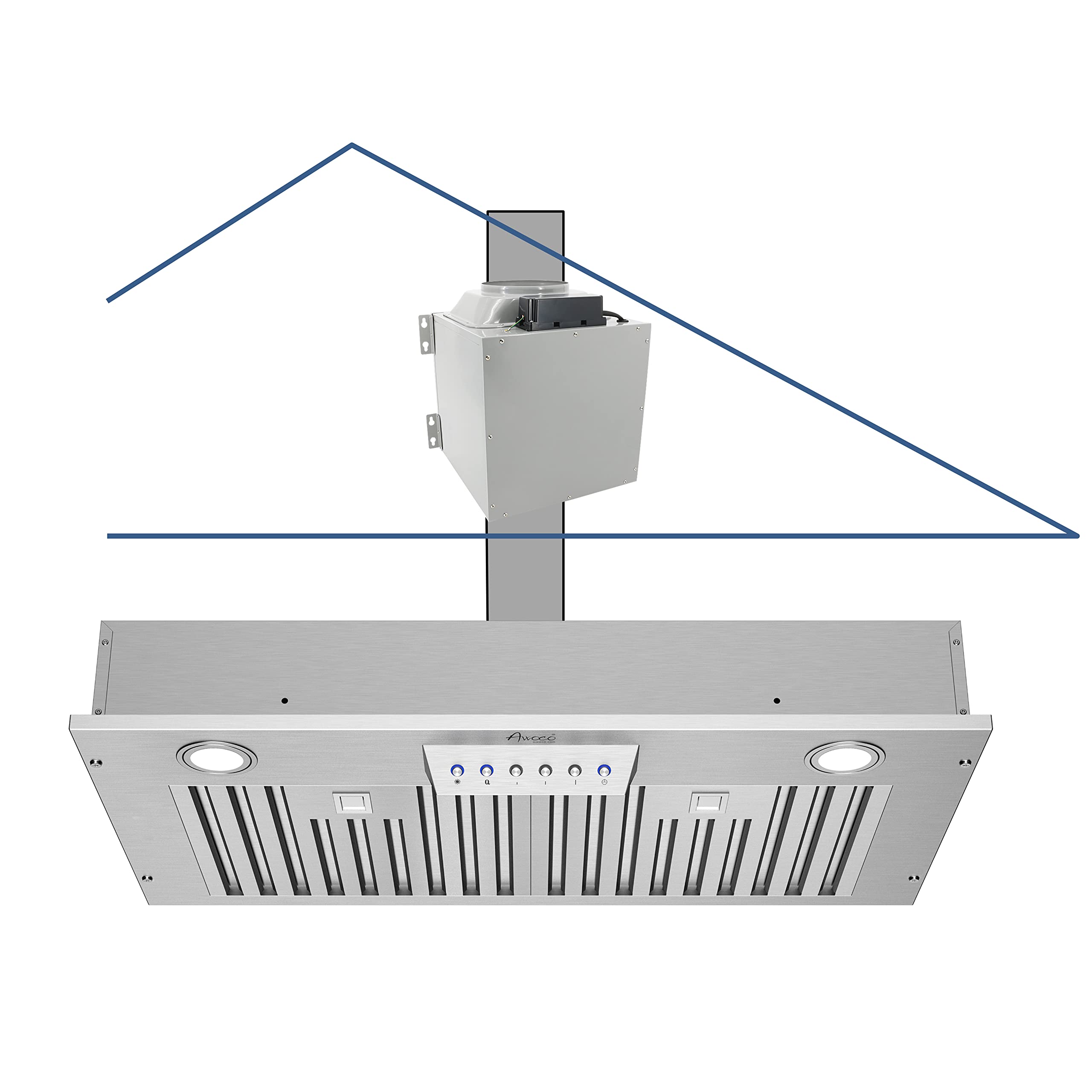 Awoco 14-1/2"D Super Quiet Split Insert Stainless Steel Range Hood, 4-Speed, 1000 CFM, LED Lights, Baffle Filters with 8” Blower (30"W M 8" Vent)