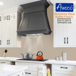 Awoco 14-1/2"D Super Quiet Split Insert Stainless Steel Range Hood, 4-Speed, 1000 CFM, LED Lights, Baffle Filters with 8” Blower (30"W M 8" Vent)