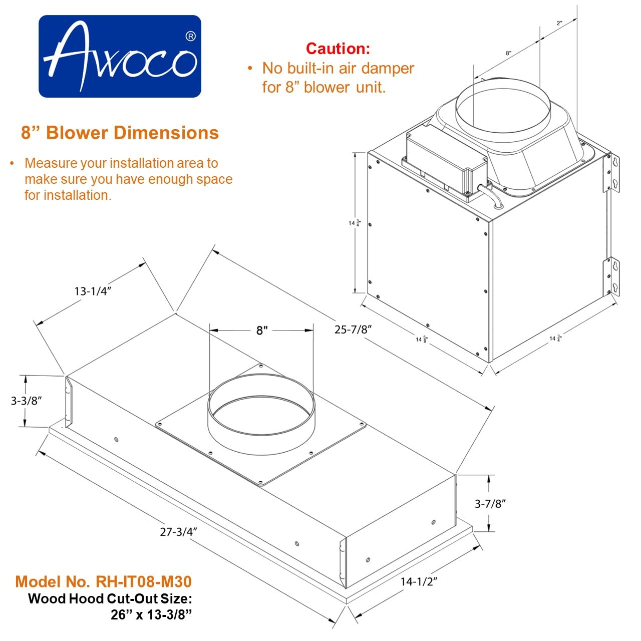 Awoco 14-1/2"D Super Quiet Split Insert Stainless Steel Range Hood, 4-Speed, 1000 CFM, LED Lights, Baffle Filters with 8” Blower (30"W M 8" Vent)