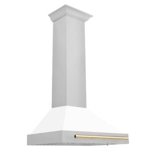 zline 30 in. autograph edition convertible stainless steel range hood with white matte shell and polished gold accents (kb4stz-wm30-g)