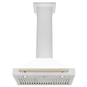 ZLINE 30 in. Autograph Edition Convertible Stainless Steel Range Hood with White Matte Shell and Polished Gold Accents (KB4STZ-WM30-G)