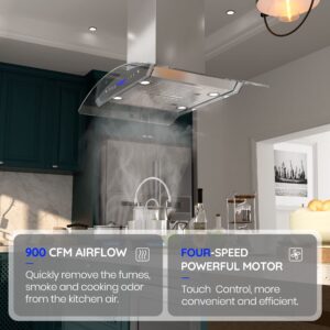 EKON 36"Island Mount Range Hood,900 CFM Ducted Range Hood with 4 Speed Fan,Stainless Steel& Tempered Glass Range Hood 36 inch NAIS01-36"