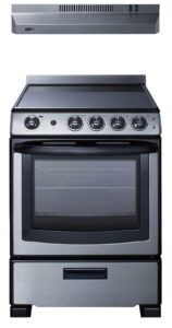 summit appliance rexh24rss 24" wide electric range and convertible hood set, push-to-turn knobs, 4 cooking zones, stainless steel hood, adjustable racks, smooth ceramic glass top, boiler tray