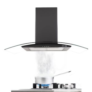 36" range hood, gasland chef gr36bp curved glass wall mount range hood black, 3 speed 450 cfm ducted kitchen hood with led lights, push button control, convertible chimney, aluminum filter