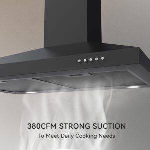 Hermitlux Range Hood 30 inch, Wall Mount Vent Hood for Kitchen with Charcoal Filter, Range Hoods with Ducted/Ductless Convertible, Black