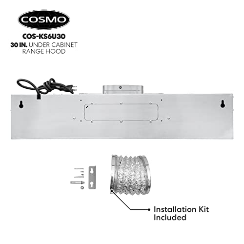 COSMO COS-KS6U30 30 in. Under Cabinet Range Hood with Digital Touch Controls, 3-Speed Fan, LED Lights and Permanent Filters, in Stainless Steel