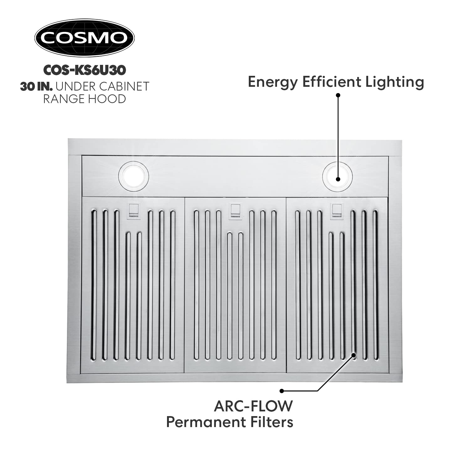 COSMO COS-KS6U30 30 in. Under Cabinet Range Hood with Digital Touch Controls, 3-Speed Fan, LED Lights and Permanent Filters, in Stainless Steel