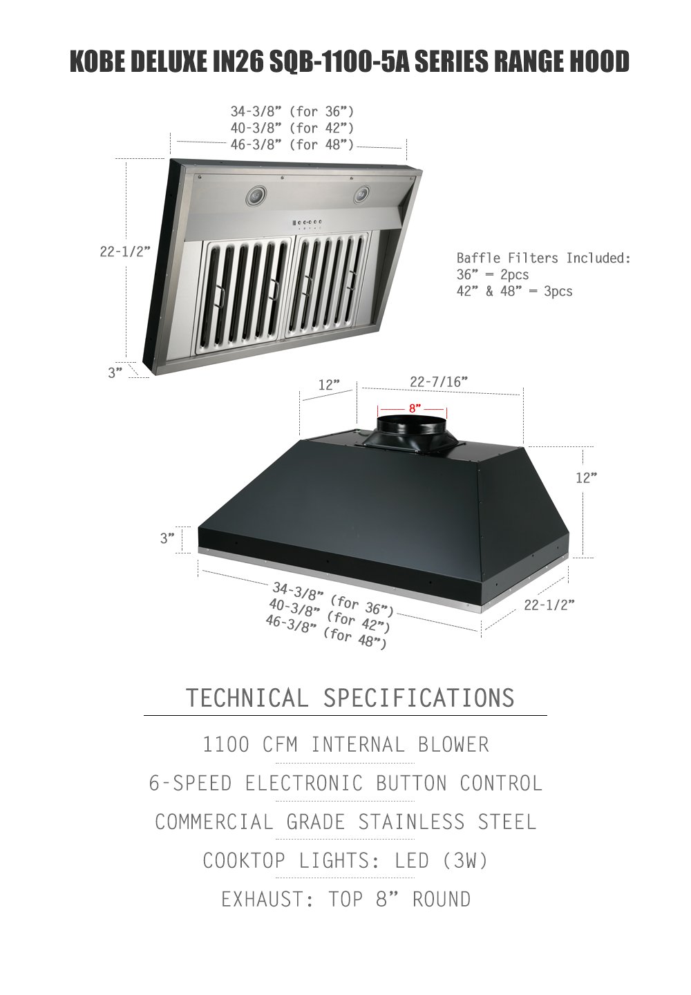 KOBE IN2648SQB-1100-5A Deluxe 48" Built-In/ Insert Range Hood, 6-Speed, 1100 CFM, LED Lights, Baffle Filters, Stainless steel