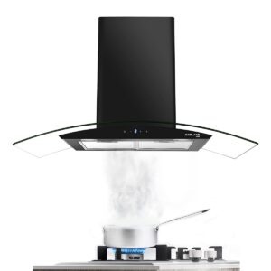 36" range hood, gasland chef gr36bs glass wall mount range hood black, 3 speed 350 cfm ducted kitchen hood with led lights, sensor touch control, convertible chimney, aluminum filter