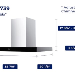 Hauslane | Chef Series Range Hood: 36" WM-739 Wall Mount Kitchen Fan | Contemporary Stainless Steel T Style Hood with Black Glass Panel | 3 Speed Touch Control Wall Mount | Vented or Ductless