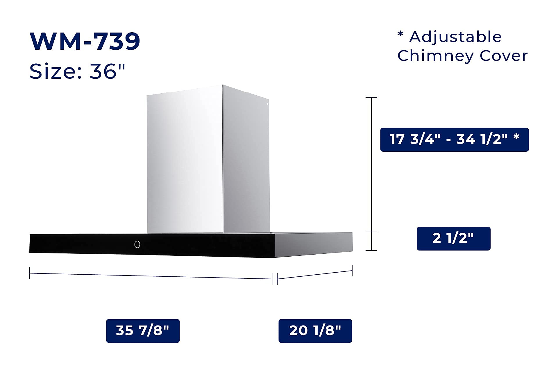 Hauslane | Chef Series Range Hood: 36" WM-739 Wall Mount Kitchen Fan | Contemporary Stainless Steel T Style Hood with Black Glass Panel | 3 Speed Touch Control Wall Mount | Vented or Ductless