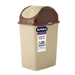 superio 1.25 gal mini plastic trash can with swing top lid small waste bin for countertop, desk, vanity, bathroom 5 quart (beige/brown)