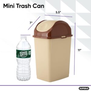 Superio 1.25 Gal Mini Plastic Trash Can with Swing Top Lid Small Waste Bin for Countertop, Desk, Vanity, Bathroom 5 Quart (Beige/Brown)