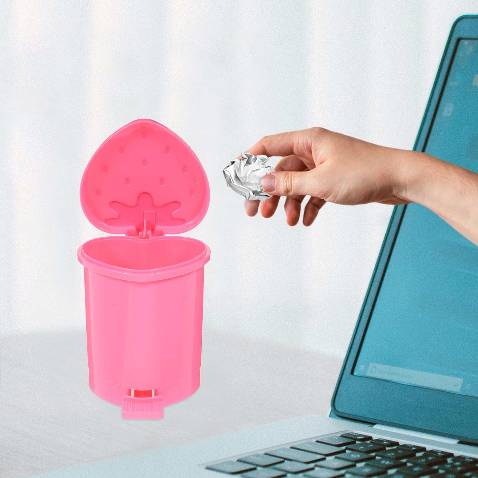 Tofficu Strawberry Trash Can, Kawaii Garbage Can, Mini Trash Can for Desk, Cute Pink Trash Can for Car Office Home Bedroom Bathroom Kitchen Decor