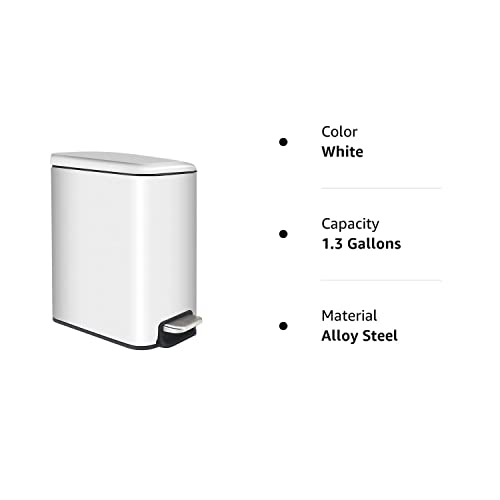 TMTECH 1.3 Gallon/5 Liter Small Trash Can with Lid, Slim Bathroom Step Trash Can with Removable Buckets, Garbage Container Bin for Powder Room, Bedroom, Kitchen, Craft Room, Office - White