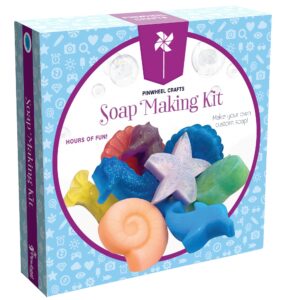 pinwheel crafts soap making kit for kids, diy complete set with molds, scents, dye, glitter, foaming net - great for science projects and crafts