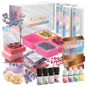 illumive soap making kit - glycerin & shea butter soap base, soap molds, dried flowers, fragrances, dye - diy craft kit for adults & kids