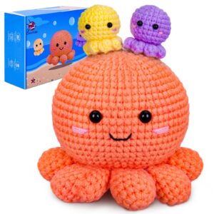 crochetta crochet kit for beginners, amigurumi crocheting animals kits w step-by-step video tutorials, knitting starter pack for adults and kids, jumbo 3 nestable octopus familly (40%+ yarn content)