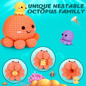 Crochetta Crochet Kit for Beginners, Amigurumi Crocheting Animals Kits w Step-by-Step Video Tutorials, Knitting Starter Pack for Adults and Kids, Jumbo 3 Nestable Octopus Familly (40%+ Yarn Content)