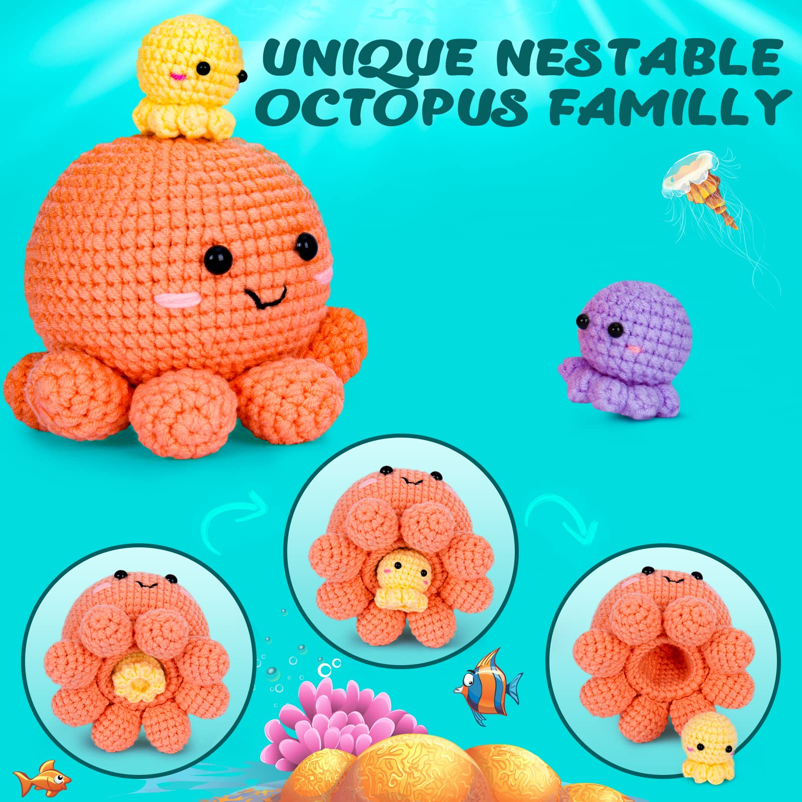 Crochetta Crochet Kit for Beginners, Amigurumi Crocheting Animals Kits w Step-by-Step Video Tutorials, Knitting Starter Pack for Adults and Kids, Jumbo 3 Nestable Octopus Familly (40%+ Yarn Content)