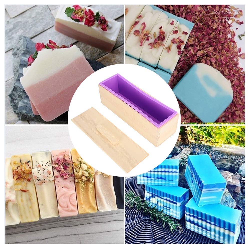 25 Pcs Silicone Soap Molds Making Kit,1200ml Purple Soap Cutter Mold,Rectangular Silicone Soap Mold Wooden Box DIY Soap Loaf Bread Mould Kitchen Baking Tools