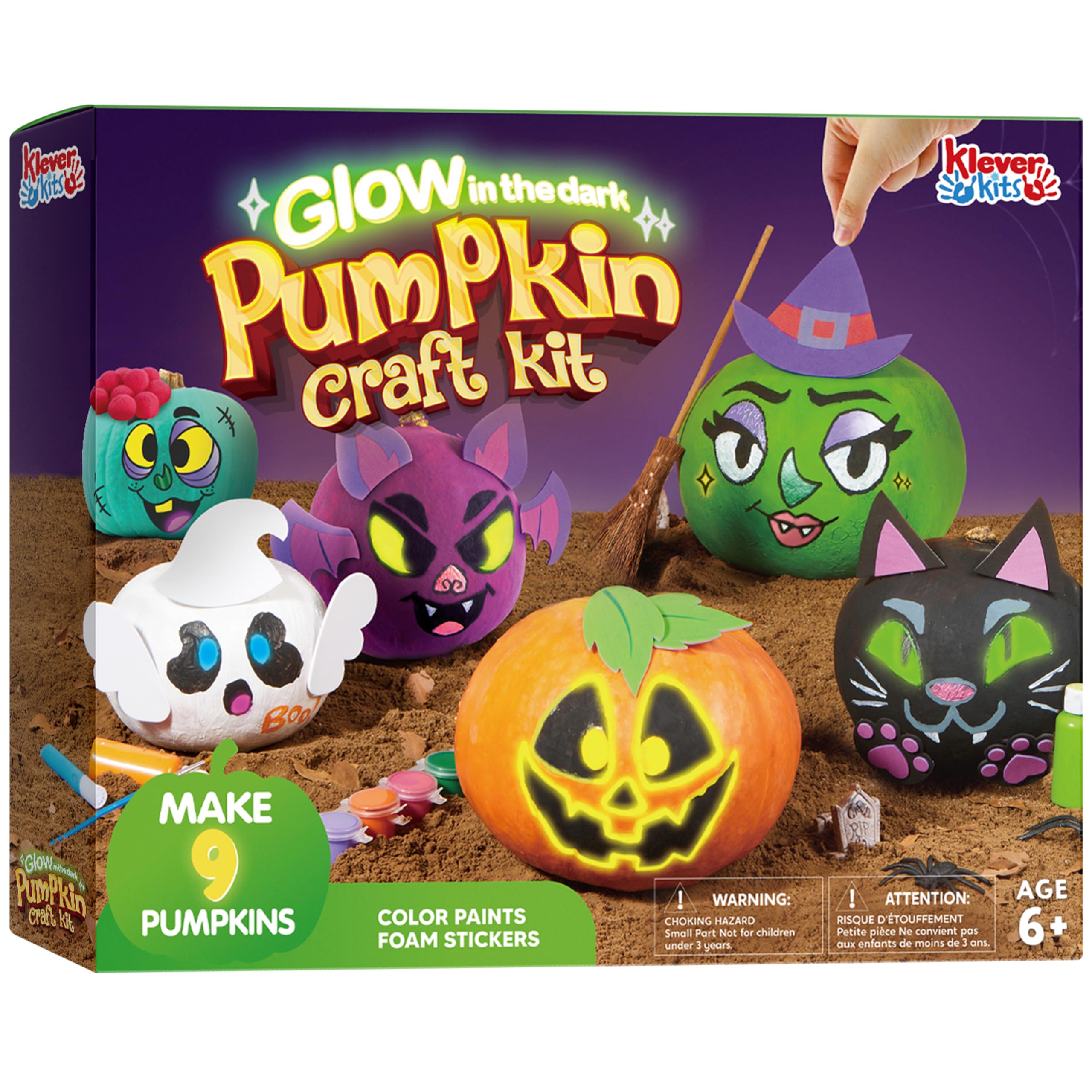 Klever Kits Halloween 3D Pumpkin Decorating Kit, Glowing in The Dark Pumpkin Painting Craft Kit with 9 Halloween Character Designs, Halloween DIY Coloring Arts & Crafts with Foam Stickers