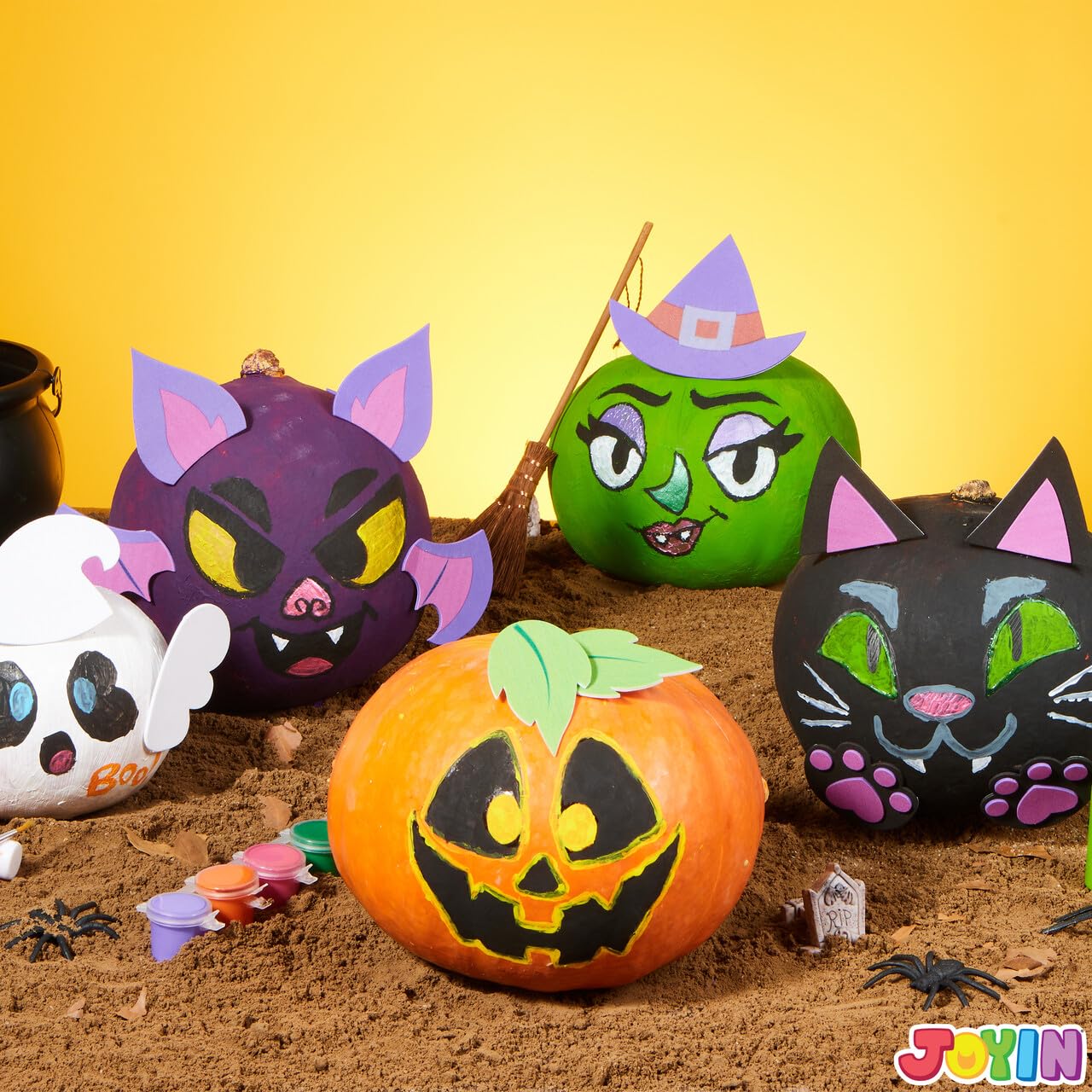 Klever Kits Halloween 3D Pumpkin Decorating Kit, Glowing in The Dark Pumpkin Painting Craft Kit with 9 Halloween Character Designs, Halloween DIY Coloring Arts & Crafts with Foam Stickers