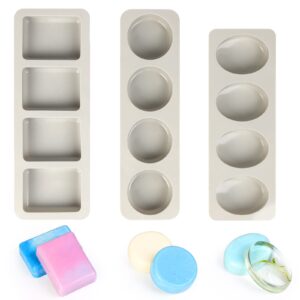 gyhtoo 3 pack handmade soap silicone molds,4 cavities wax melt mold,soap molds for soap making - included round,oval,rectangle shape, ideal for milk soaps,scent candles making molds