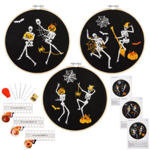 halloween embroidery kit for adult beginner, stamped cross stitch kit for beginner adult, funny gothic embroidery starter kit with pattern needlepoint kit, 3 embroidery hoop and fabric, needle, thread