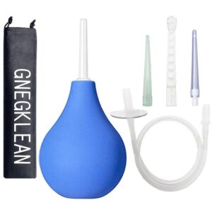 gnegklean black silicone enema bulb kit 7.6oz clean anal douche for men women with 19.7in hose+4 replaceable nozzle (blue)