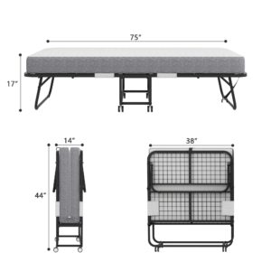 RAOGIE Folding Bed with Mattress,Portable Rollaway Bed for Guest,Foldable Bed with Memory Foam Mattress, Twin Size 75" x 38" Fold-up Metal Frame Bed for Adults