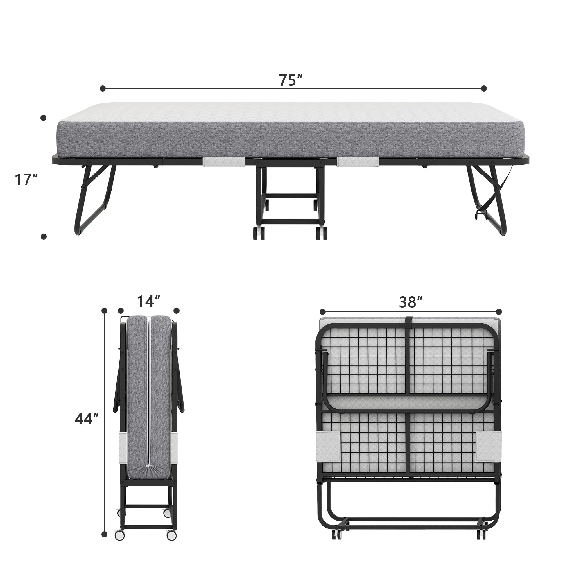 RAOGIE Folding Bed with Mattress,Portable Rollaway Bed for Guest,Foldable Bed with Memory Foam Mattress, Twin Size 75" x 38" Fold-up Metal Frame Bed for Adults