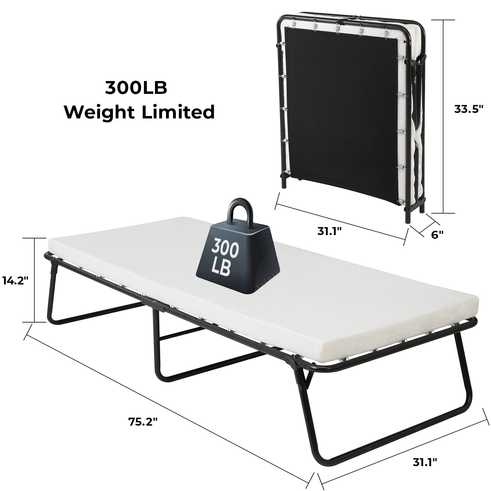 LIFERUN Folding Bed with Mattress for Adults, Rollaway Bed with Mattress for Adults, Metal Bed Frame with Memory Foam Mattress, Portable Bed for Adults & Kids(75" x 31"x14")