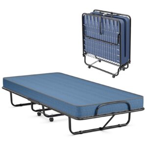 giantex folding bed with 4" mattress for adults, made in italy, twin size roll away portable guest bed, memory foam mattress, foldable bed w/metal frame on wheels, easy to store, blue