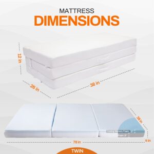 Cheer Collection Tri-Fold Memory Foam Mattress - 4" Thick Gel Infused Foam Folding Bed for Guests, Twin Size - 38" x 78"