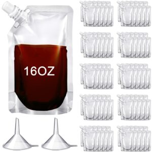 meanplan 100 pcs plastic flasks pouches bulk reusable plastic pouches leak proof juice pouches bags with funnel for travel adults women men (inclined mouth,16 oz)