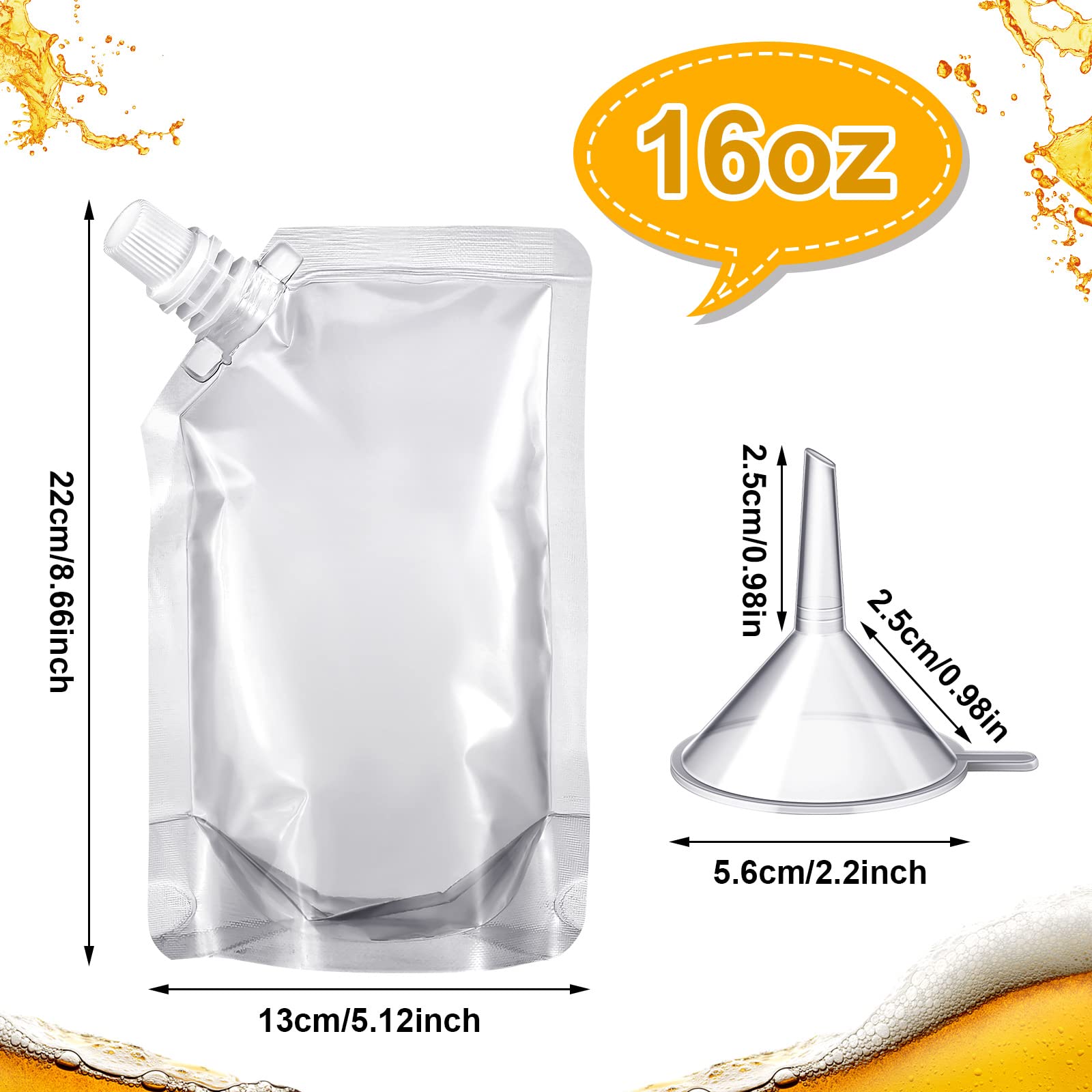 Meanplan 100 Pcs Plastic Flasks Pouches Bulk Reusable Plastic Pouches Leak Proof Juice Pouches Bags with Funnel for Travel Adults Women Men (Inclined Mouth,16 oz)